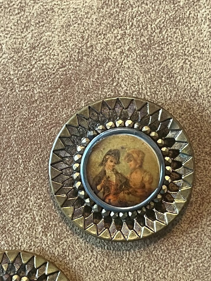 3 Antique Buttons Large Metal Buttons w/ Lithograph of Woman and Man ...
