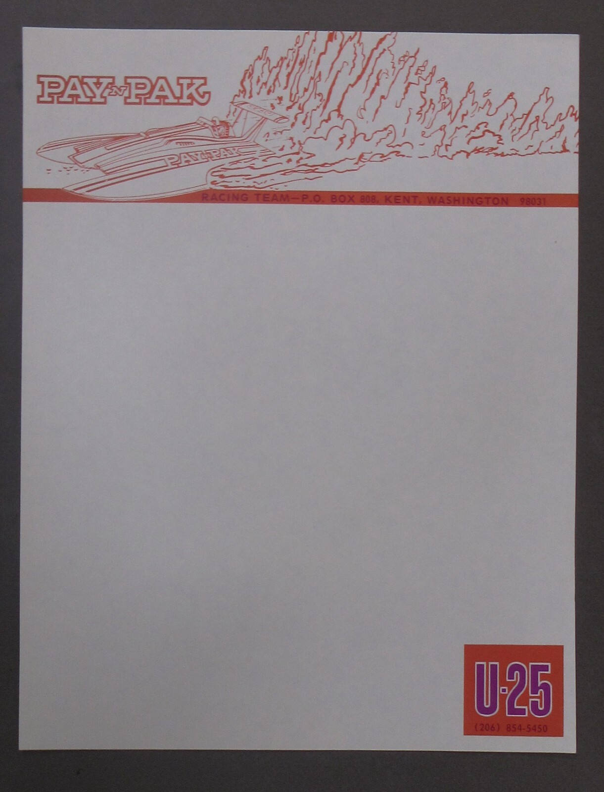 circa 1980 PAY 'N PAK U-25 RACING TEAM letterhead stationary hydroplane ...