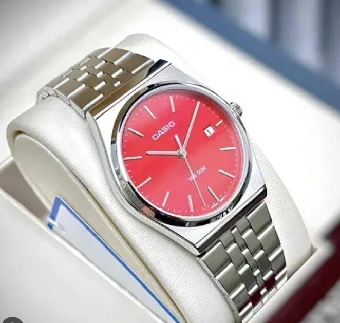 Casio MTP-B145D-4A2 Red Dial Analog Minimalist Stainless Steel Quartz ...
