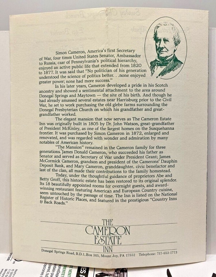 1980s Cameron Estate Inn Mount Joy Restaurant Lunch Menu Lancaster ...
