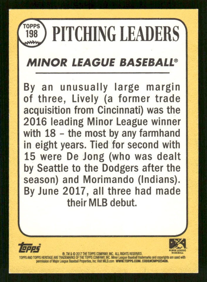 2017 Topps Heritage Minor Shawn Morimando/Ben Lively IP Auto Signed ...