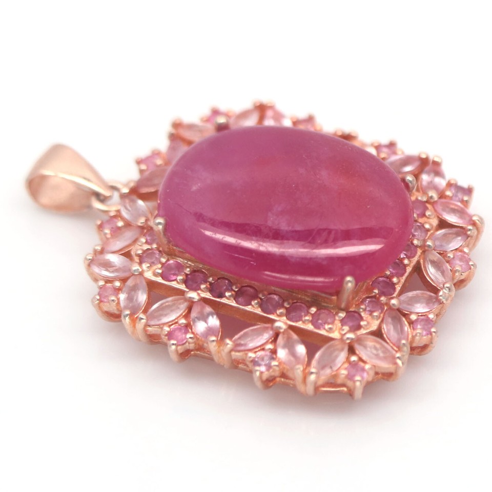 Heated Gemstone Pink Ruby, Rose Quartz & Sapphire Pendant 925 Sterling ...