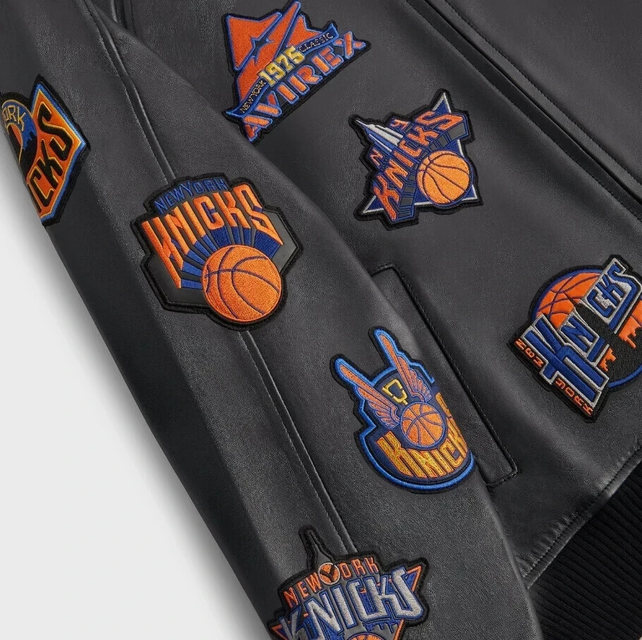 Kith & Avirex Leather Jacket New York Knicks Icon Patches NBA Black ...