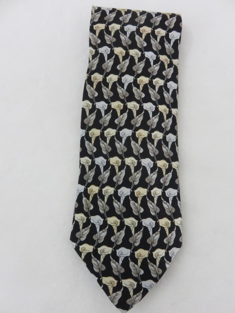Maus & Hoffman Calla Lily Tie Black Silver Gold Silk Italy Short 56.5" | eBay