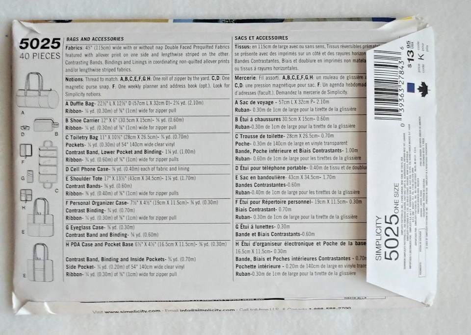 Simplicity Pattern 5025 Accessories Bag Handbag Sewing Craft Project ...