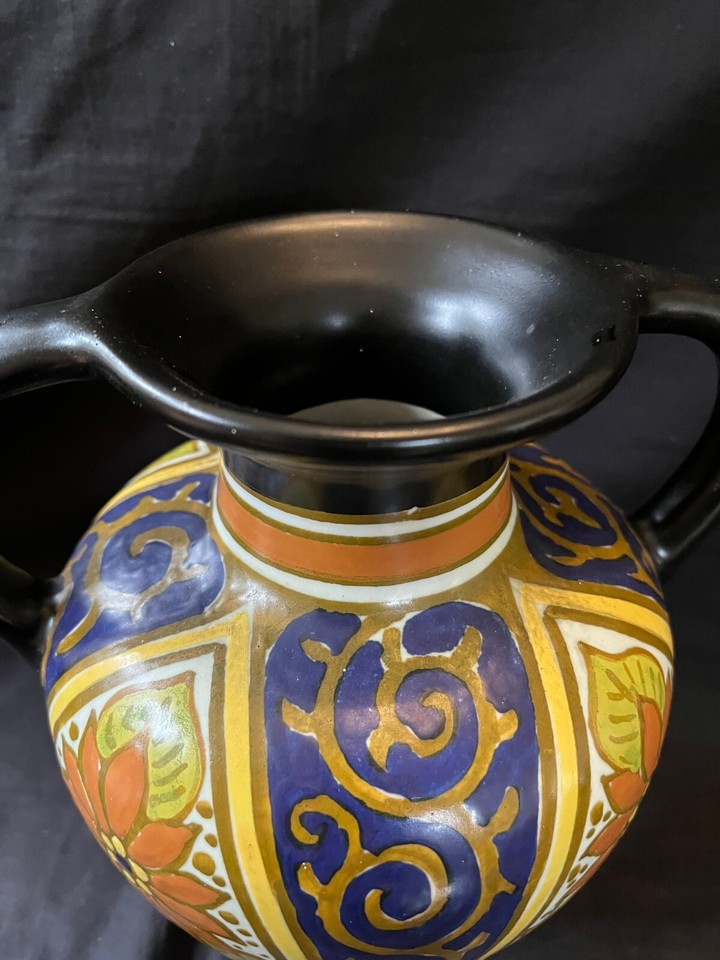 antique dutch Gouda pottery vase. Approx 1920. Several marks. decor ...