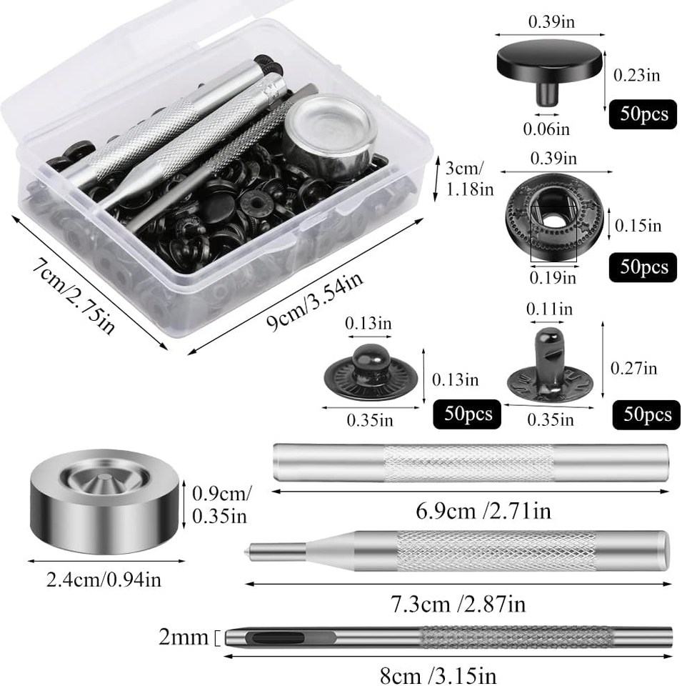 50 Sets Leather Snap Fasteners Kit 10Mm Black Metal Snap Buttons Kit ...