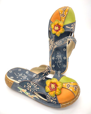 Socofy Sandals Women’s Genuine Leather Color Block Boho Mules Size 10.5 ...