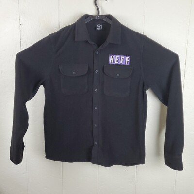 Neff Button Up Shirt Mens Medium Black Collared Long Sleeve Pocket Logo ...