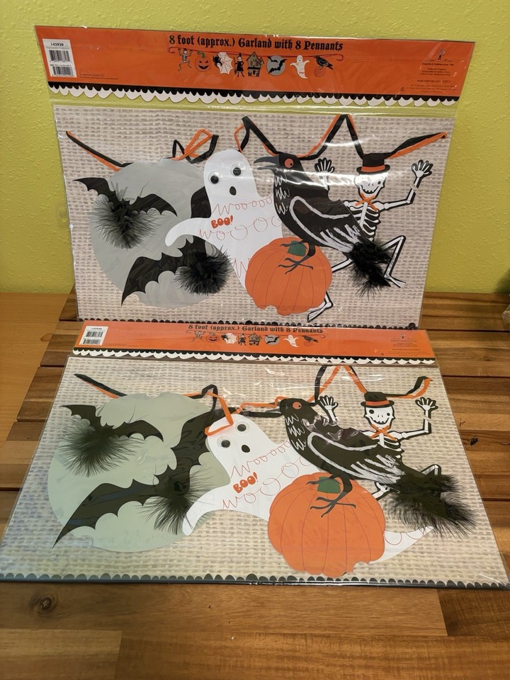 TWO Meri Meri Halloween 8' Garland w/Lg Pennants Skeleton Witch Ghost ...