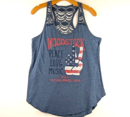 Woodstock Official Brand Tank Top Womens XL Blue Lace Racerback Peace Love Music | eBay