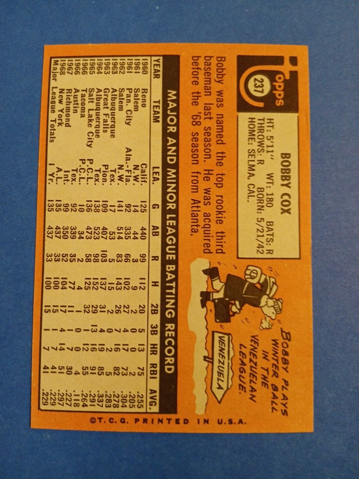 1969 Topps - #237 Bobby Cox (RC) | eBay
