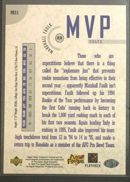 1996 Collector's Choice MARSHALL FAULK MVP Insert #M21 Colts | eBay