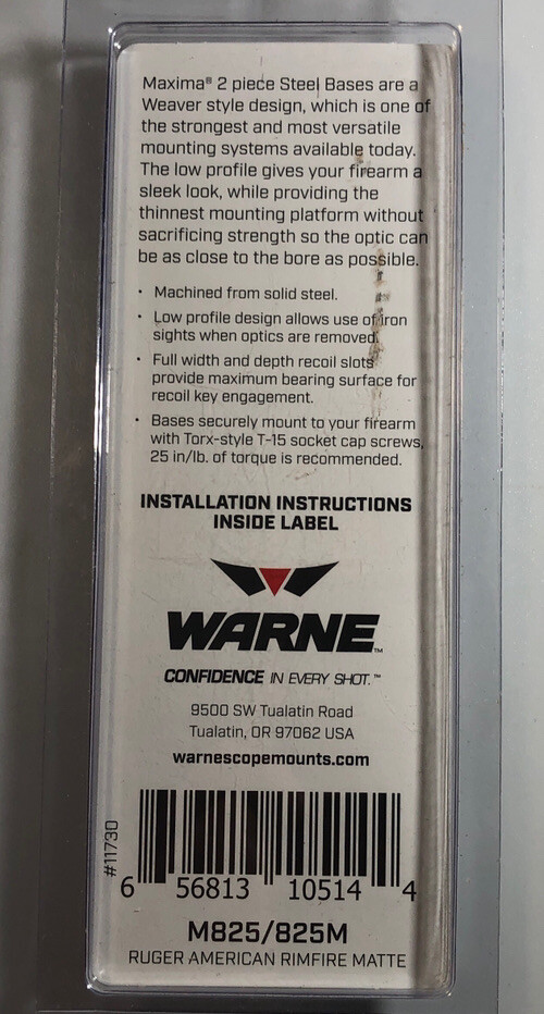 Warne Maxima M825/825M 2Piece Steel Scope Base Mounts,Ruger American ...
