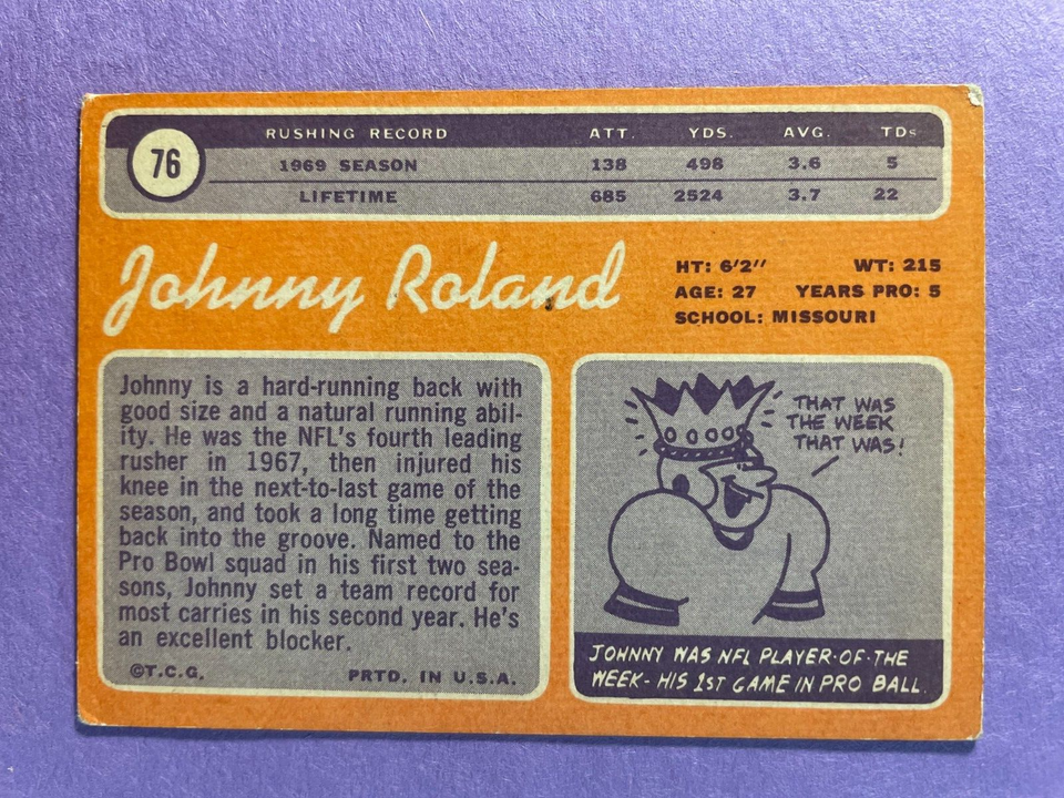 SIGNED JOHNNY ROLAND 1970 TOPPS FOOTBALL CARD AUTOGRAPHED - CARDINALS ...