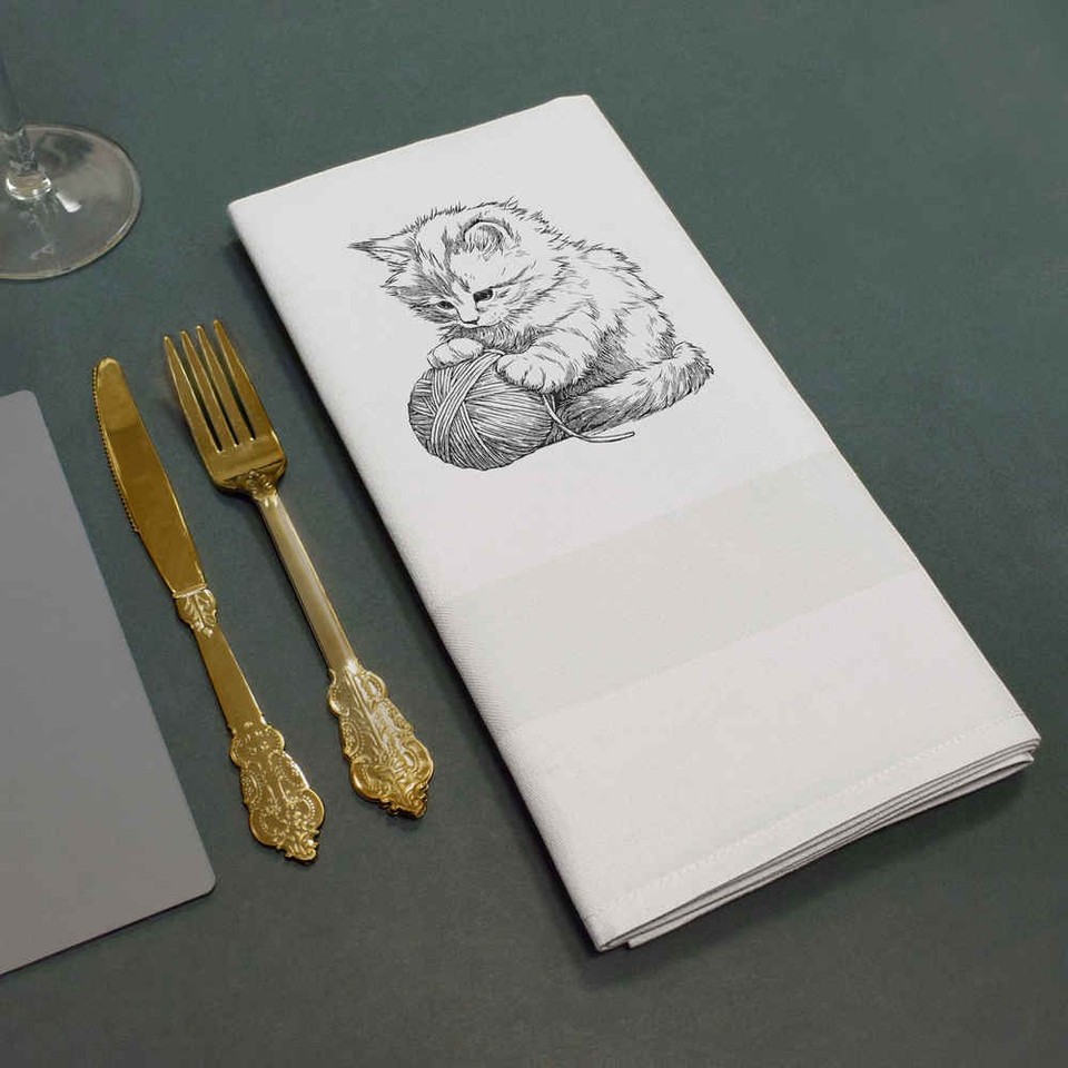 'Cute Fluffy Kitten with Ball of Yarn' Cotton Napkin / Dinner Cloth ...