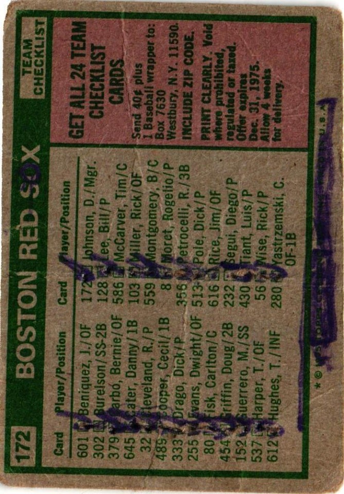 RED SOX TEAM CARD CARD #172 FREE SHIP 50% OFF SALE B1003R3S29P14 | eBay