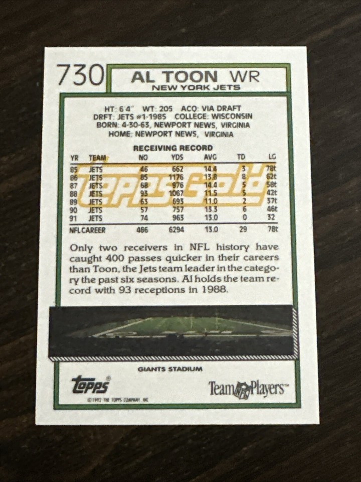 Vtg NFL 1992 Topps Gold High #730 AL TOON NY Jets Wisconsin Badgers WR ...