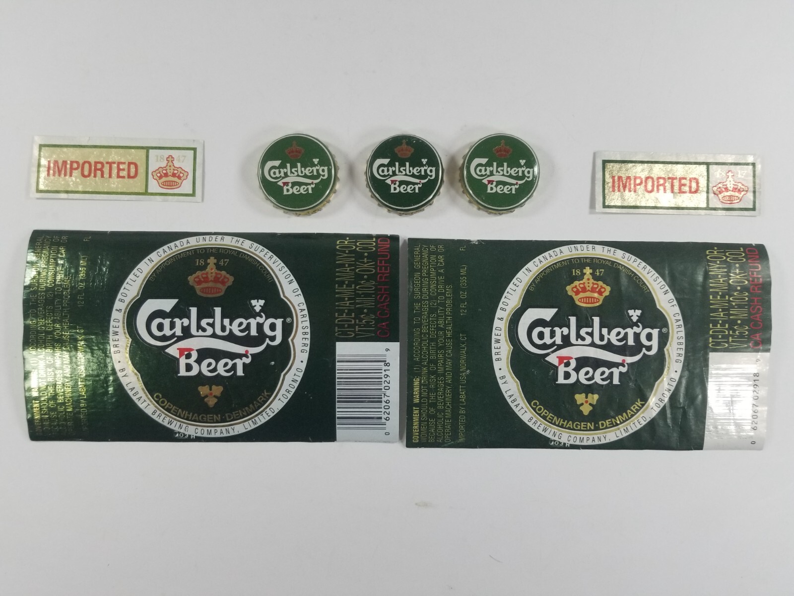 1990'S CARLSBERG BOTTLE BEER BOTTLE CAPS (3), LABELS (2) AND NECK ...