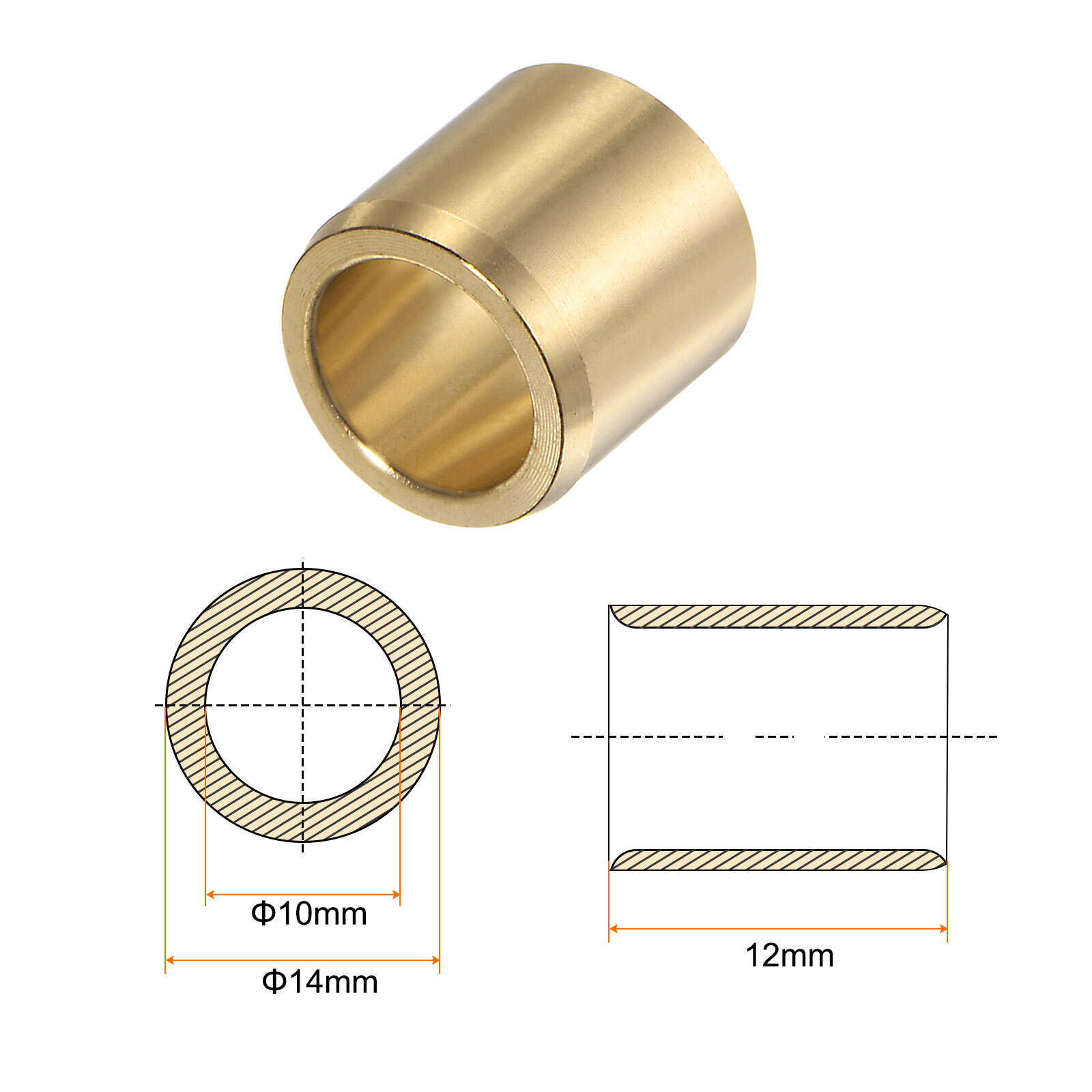 2pcs Sleeve Bearings 10mm x 14mm x 12mm Wrapped Oilless Bushings Brass ...