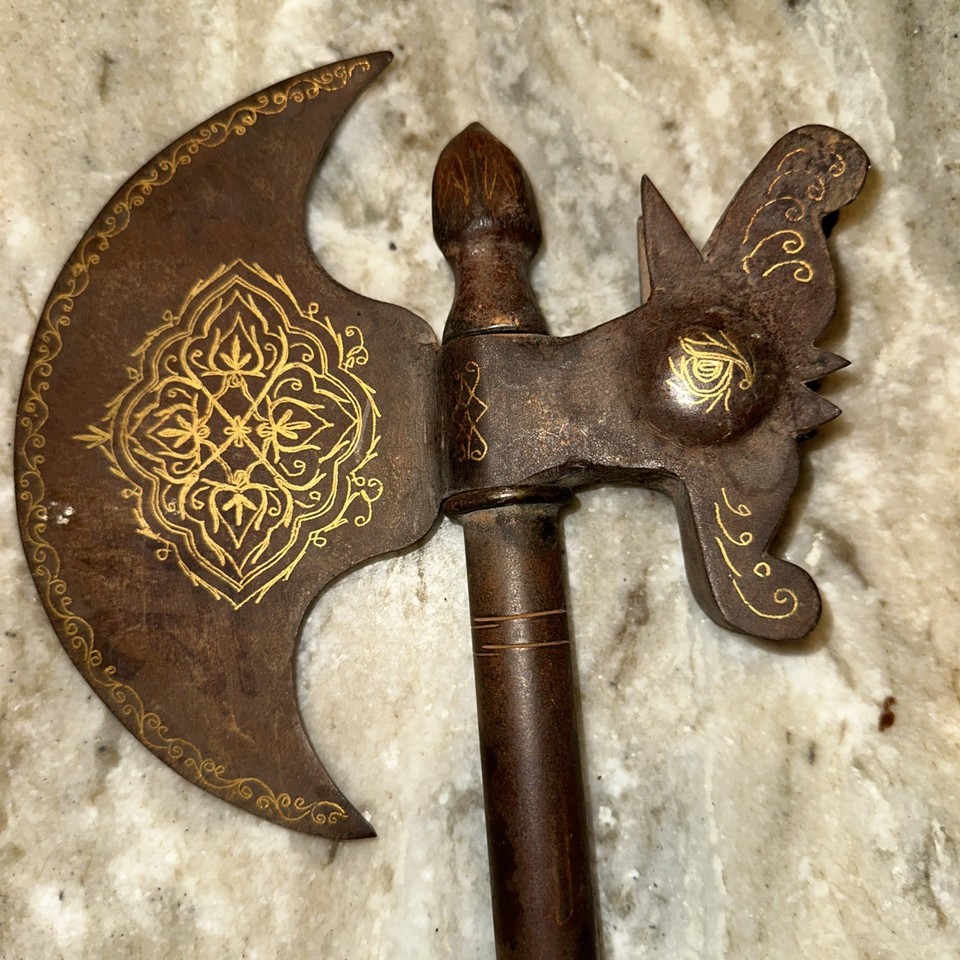 Very Rare Tabarzin Indo Persian Iron Battle Axe w/Gold Ornate Drawings ...