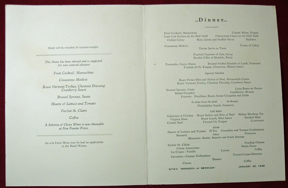 Furness Bermuda Line Q.T.E.V. Monarch Of Bermuda Dinner MENU January 20 ...