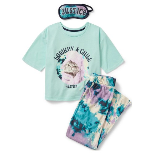 Justice Girls Short Sleeve Top and Pant Pajama Set W/ Sleep Mask-Aqua ...