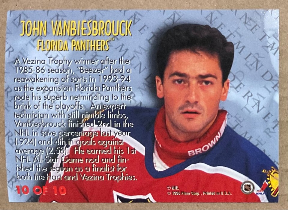 1994-95 JOHN VANBIESBROUCK FLEER NETMINDER GOALIE INSERT #10 FLORIDA ...