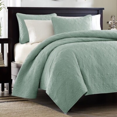 Solid Seafoam Green Coverlet Quilt 3 pc Set Blanket Twin XL Full Queen ...