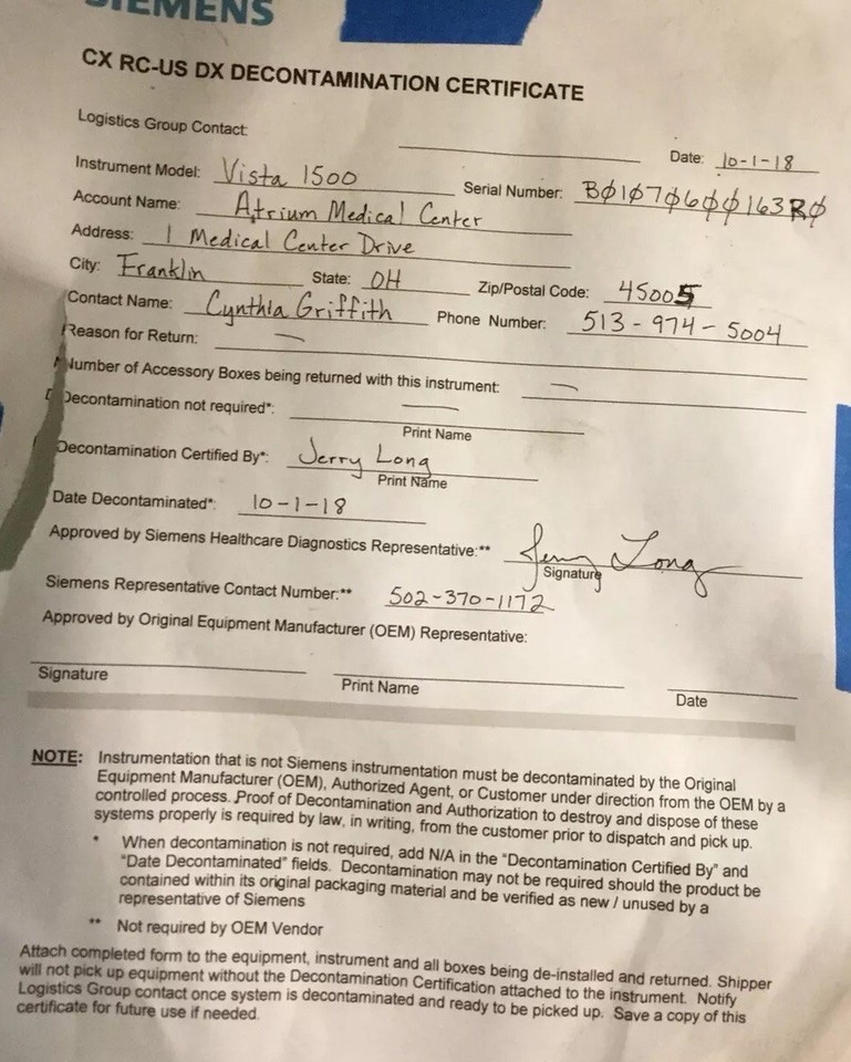 Siemens Dimension Vista 1500 Intelligent Lab System Chemical Analyzer ...