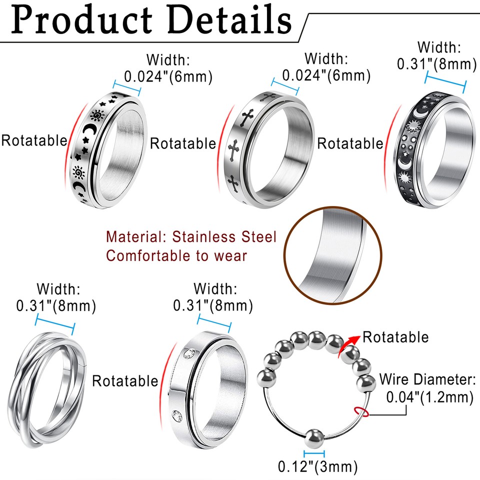 6pcs Sun Moon Cross Spinner Fidget Ring Stainless Steel Anxiety Band ...