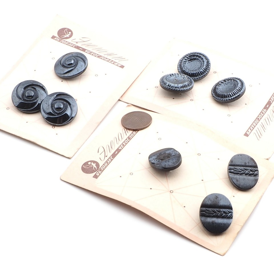 Lot (9) Czech vintage hematite luster glass buttons export cards | eBay