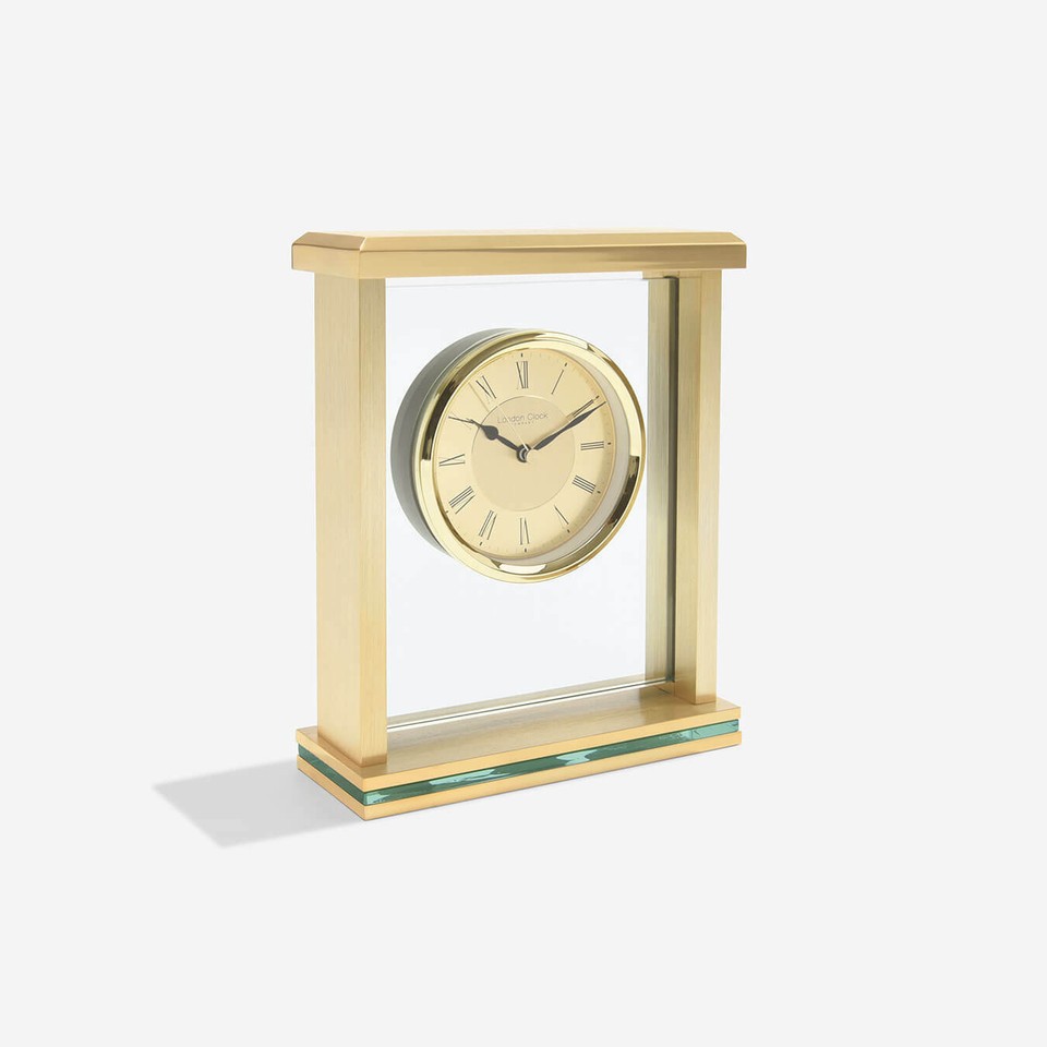 Gold Finish & Glass Quartz Battery Mantel Clock with Roman Numeral Dial ...