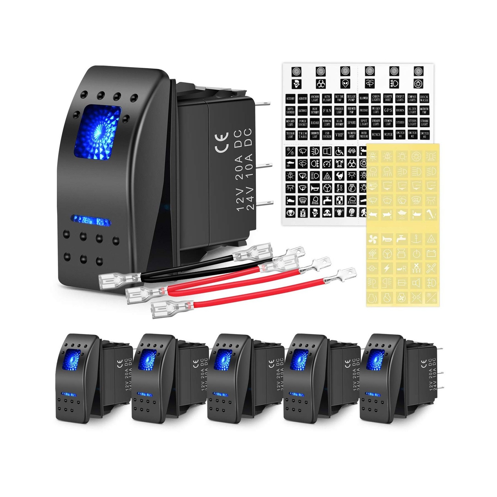 Nilight 6PCS 5PIN SPST Rocker Switches with 6 Sets Jumper Wires Set 20A ...