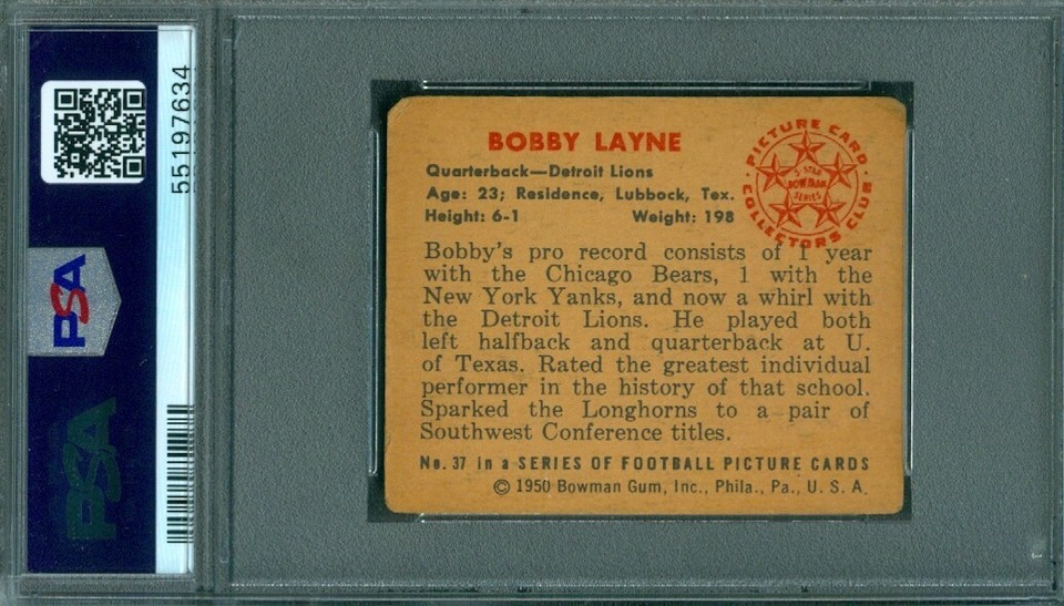 1950 BOWMAN #37 BOBBY LAYNE (HOF) PSA 2 !! | eBay