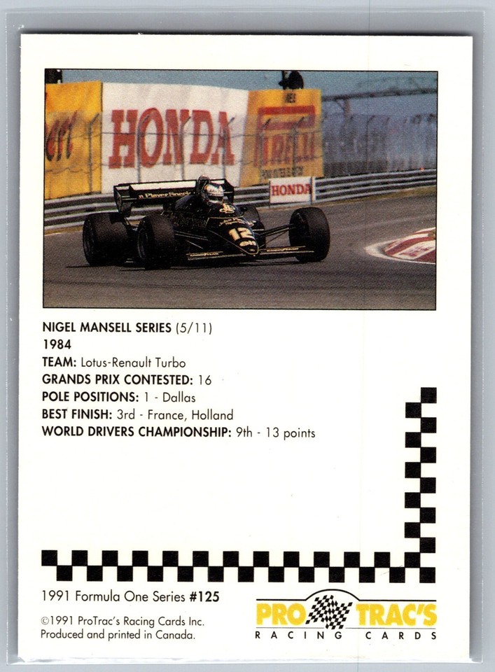 1991 Pro Trac's Formula One Series Nigel Mansell #125 Trading Card | eBay