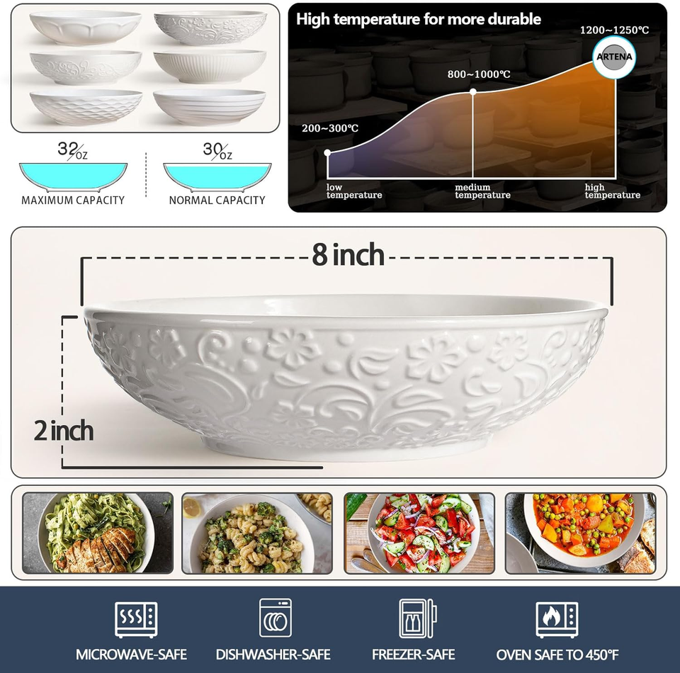 Artena Pasta Bowls 32oz, Ceramic Large Salad Bowls 8 inch, White ...