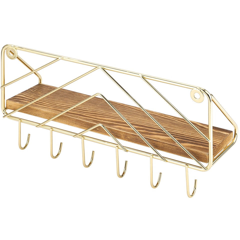 Modern Brass Metal & Burnt Wood Key Holder Rack w/ Hook & Floating ...