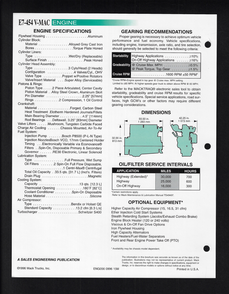 MACK TRUCKS E7-454 V-MAC ENGINES SPECIFICATIONS BROCHURE 1996 | eBay