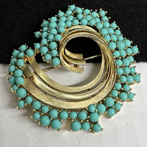 Vintage Crown Trifari Alfred Philippe Turquoise Cabochon Gold Tone ...