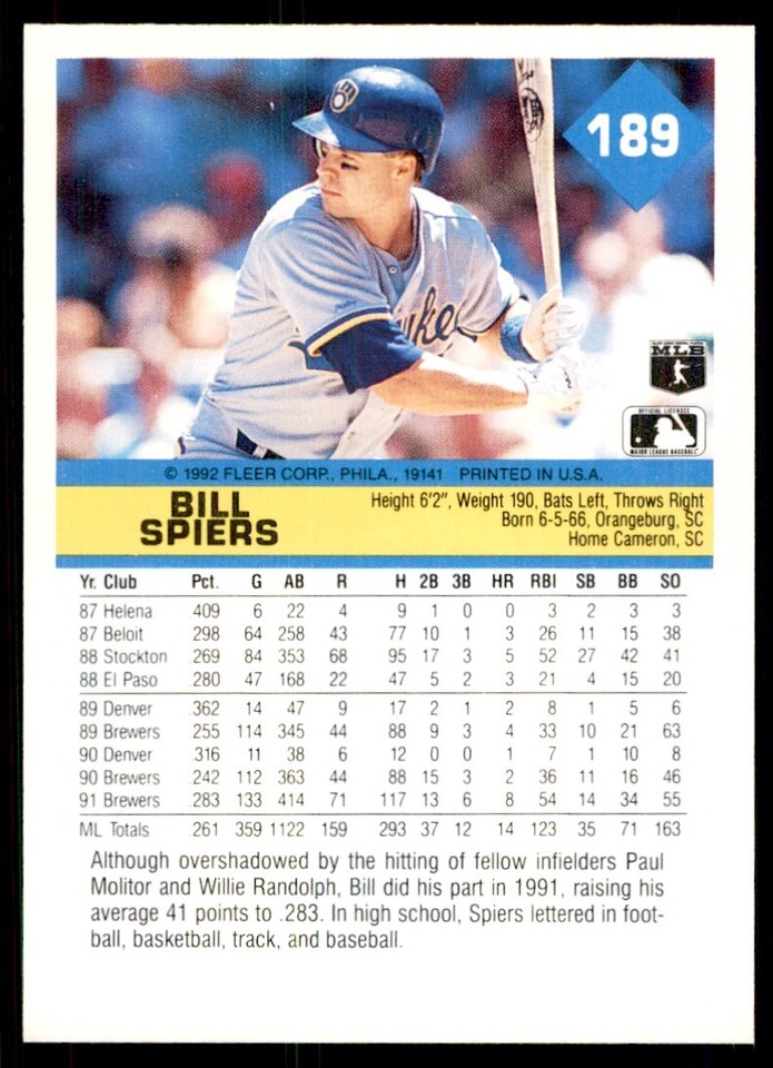 1992 Fleer Bill Spiers Baseball Cards #189 | eBay