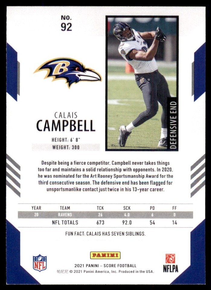 2021 Panini Score Calais Campbell Baltimore Ravens #92 | eBay