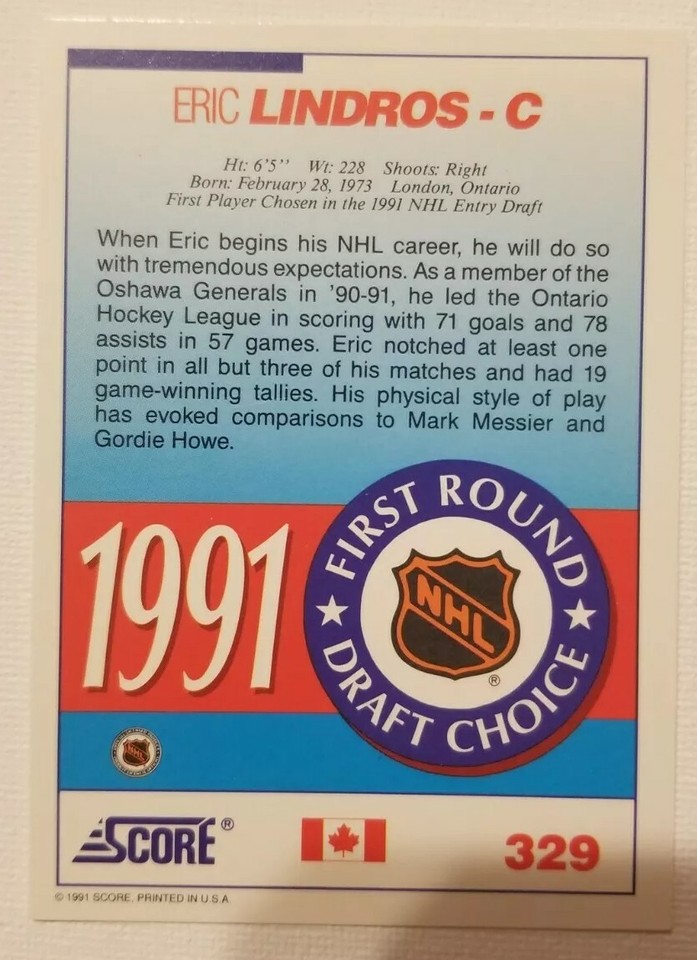 1991 Score First Round Draft Choice Eric Lindros #329 | eBay