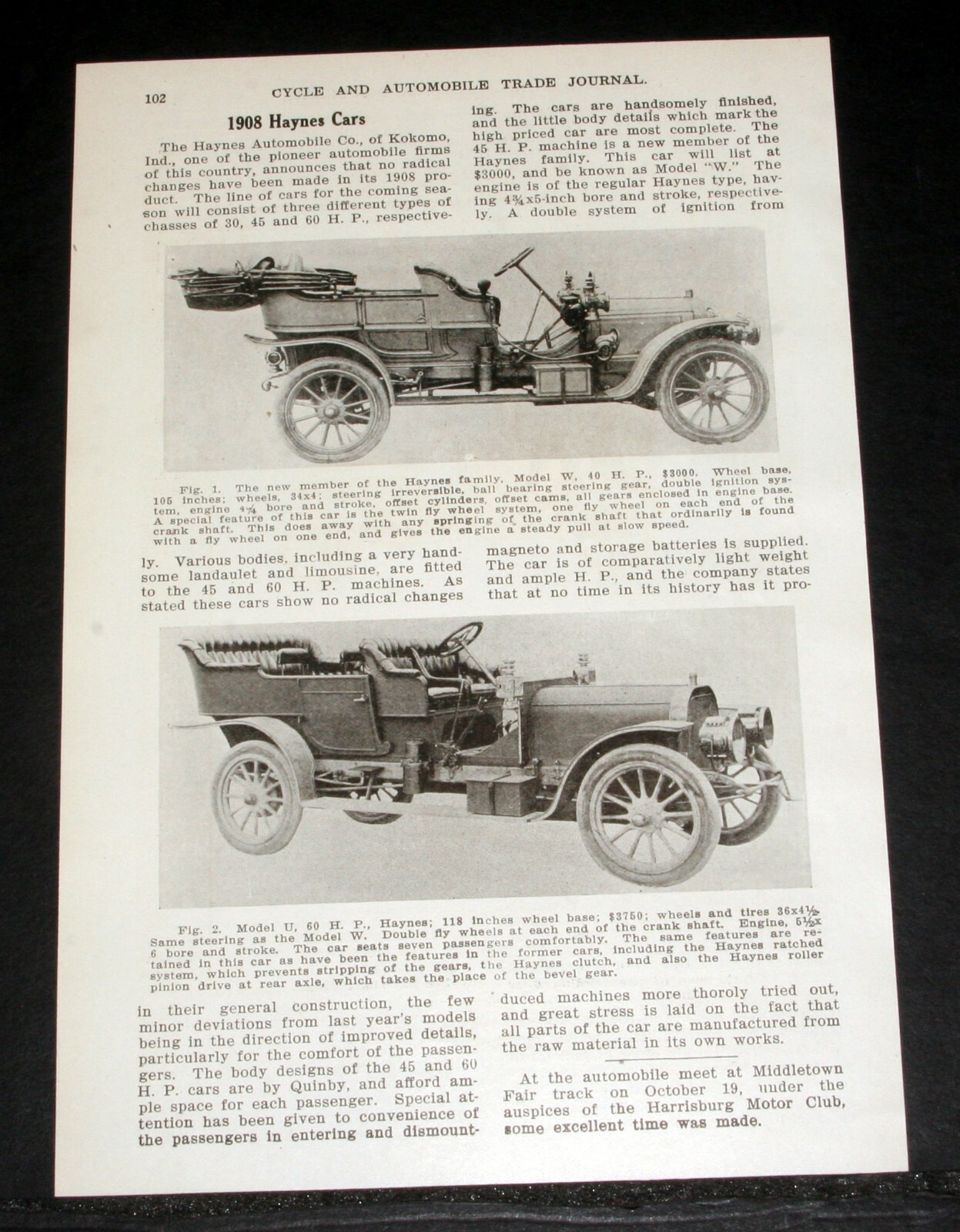 1907 OLD MAGAZINE ARTICLE, "1908 HAYNES CARS" MODEL "W", MODEL "U ...