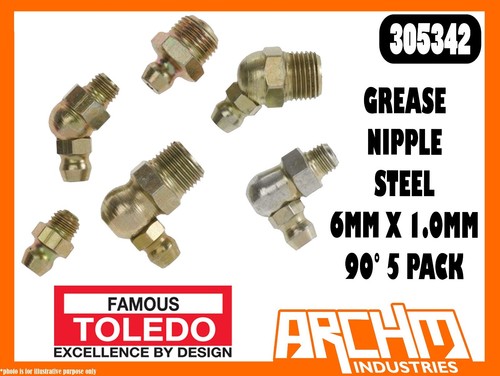 TOLEDO 305342 - GREASE NIPPLE STEEL - 6MM X 1.0MM TAPER THREAD SHORT 90 ...