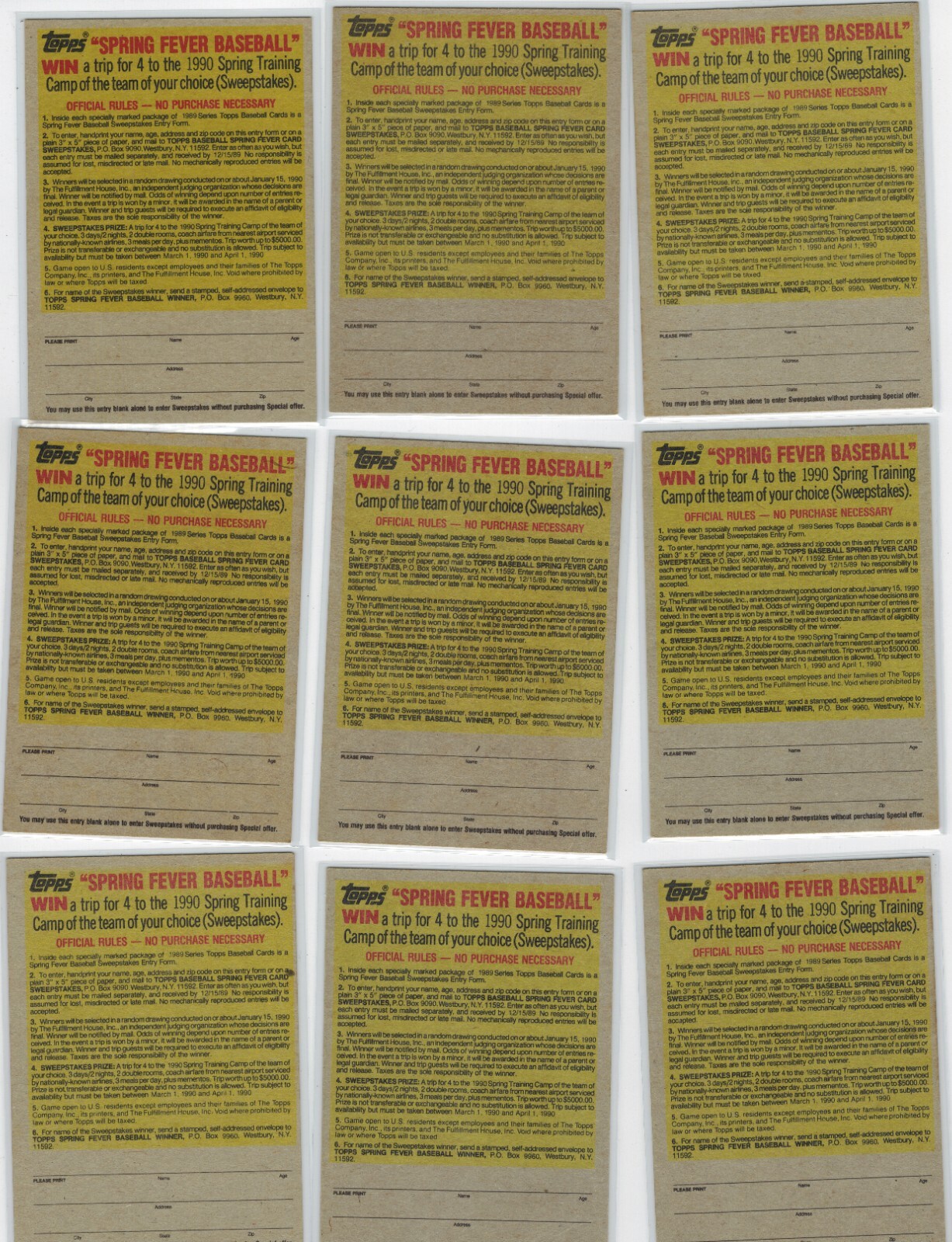 1989 TOPPS COMPANY STORE SPECIAL OFFER CARDS LOT OF 9 | eBay
