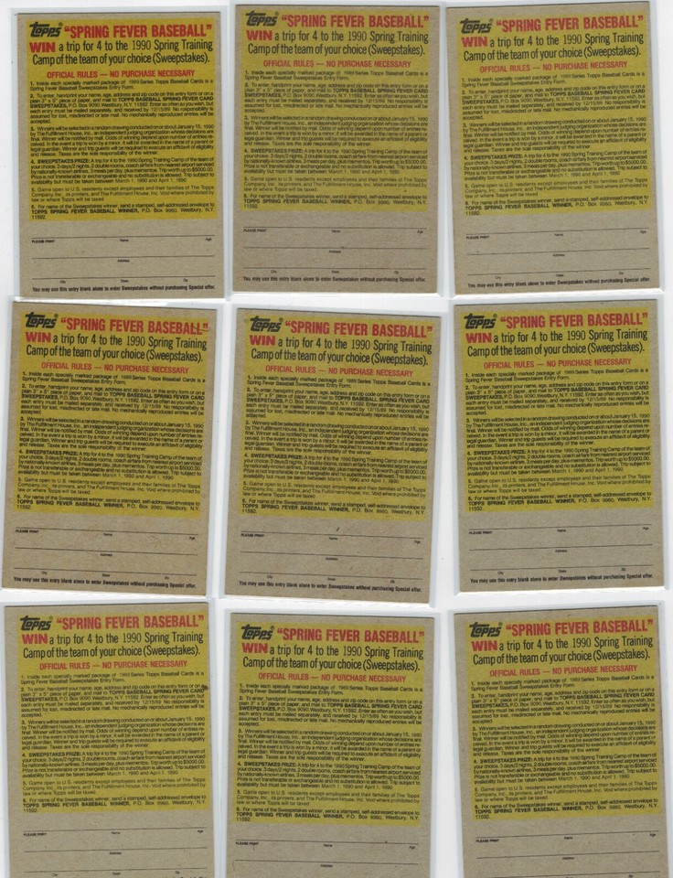 1989 TOPPS COMPANY STORE SPECIAL OFFER CARDS LOT OF 9 | eBay