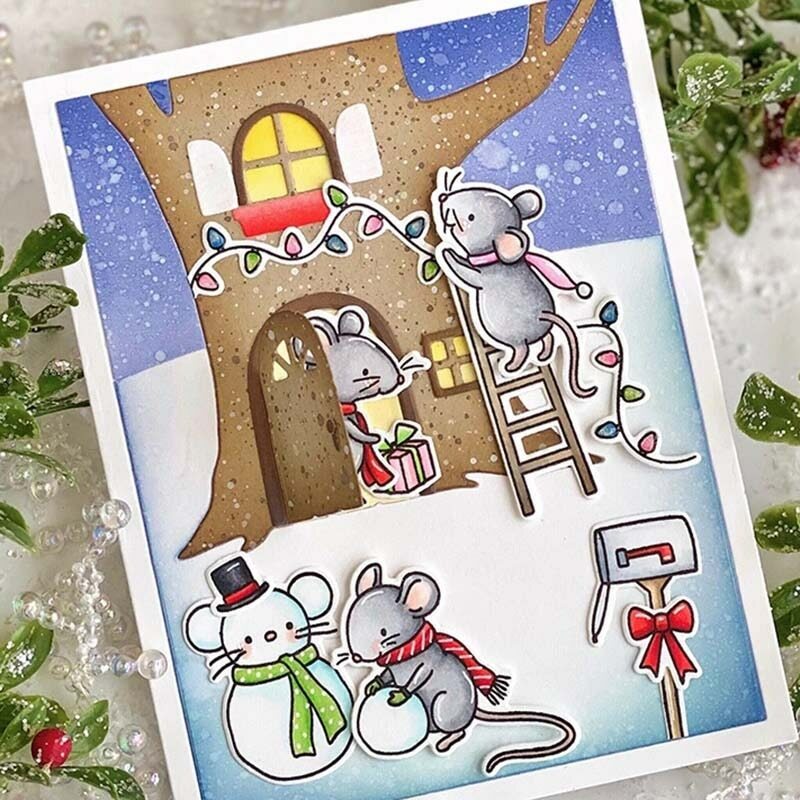 Holiday Winter Mice Stamps & Cutting Dies Set w Mailbox Bird Lights ...