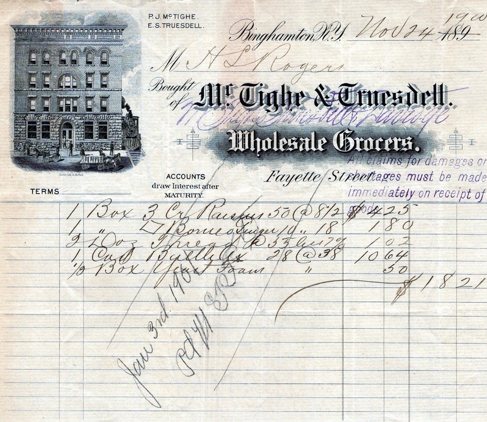 Mr Tighe Truesdell Wholesale Grocers Delivery Paper Receipt 1900 A1QQ ...