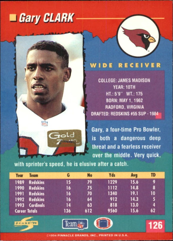 1994 Score Gold Zone Arizona Cardinals Football Card #126 Gary Clark | eBay